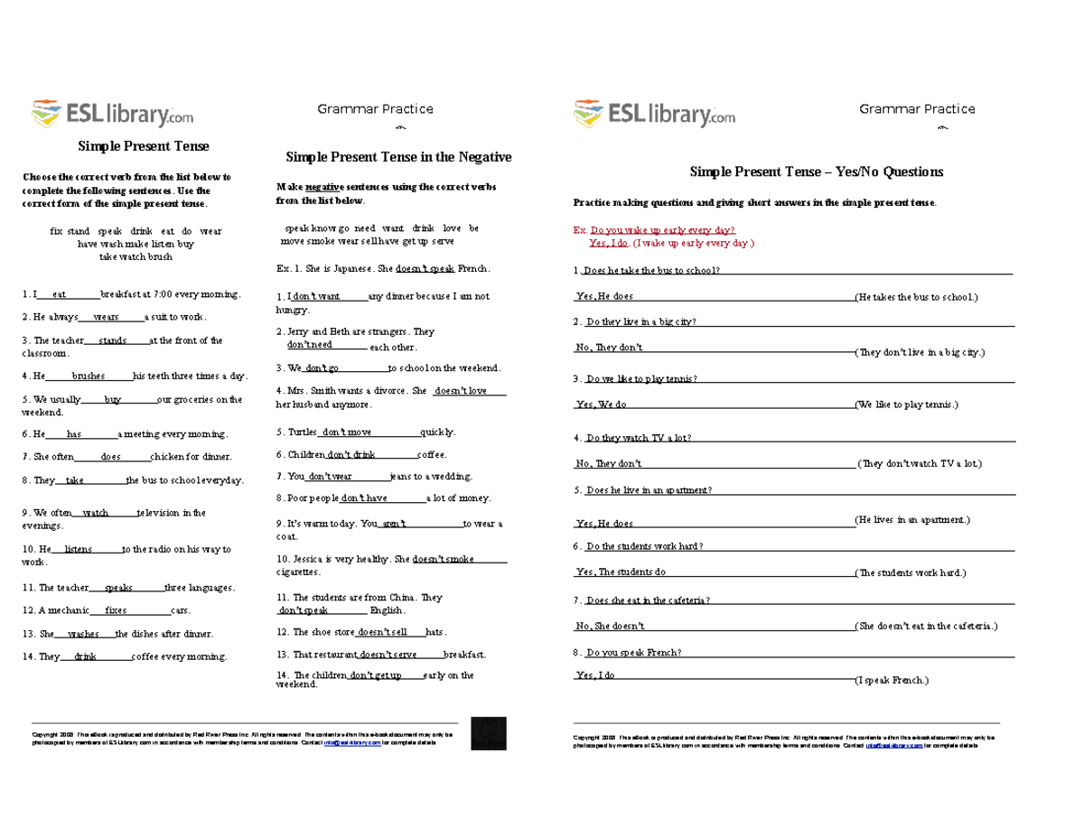 453703935 Grammar Practice Worksheets Simple Present from ESL Library ...