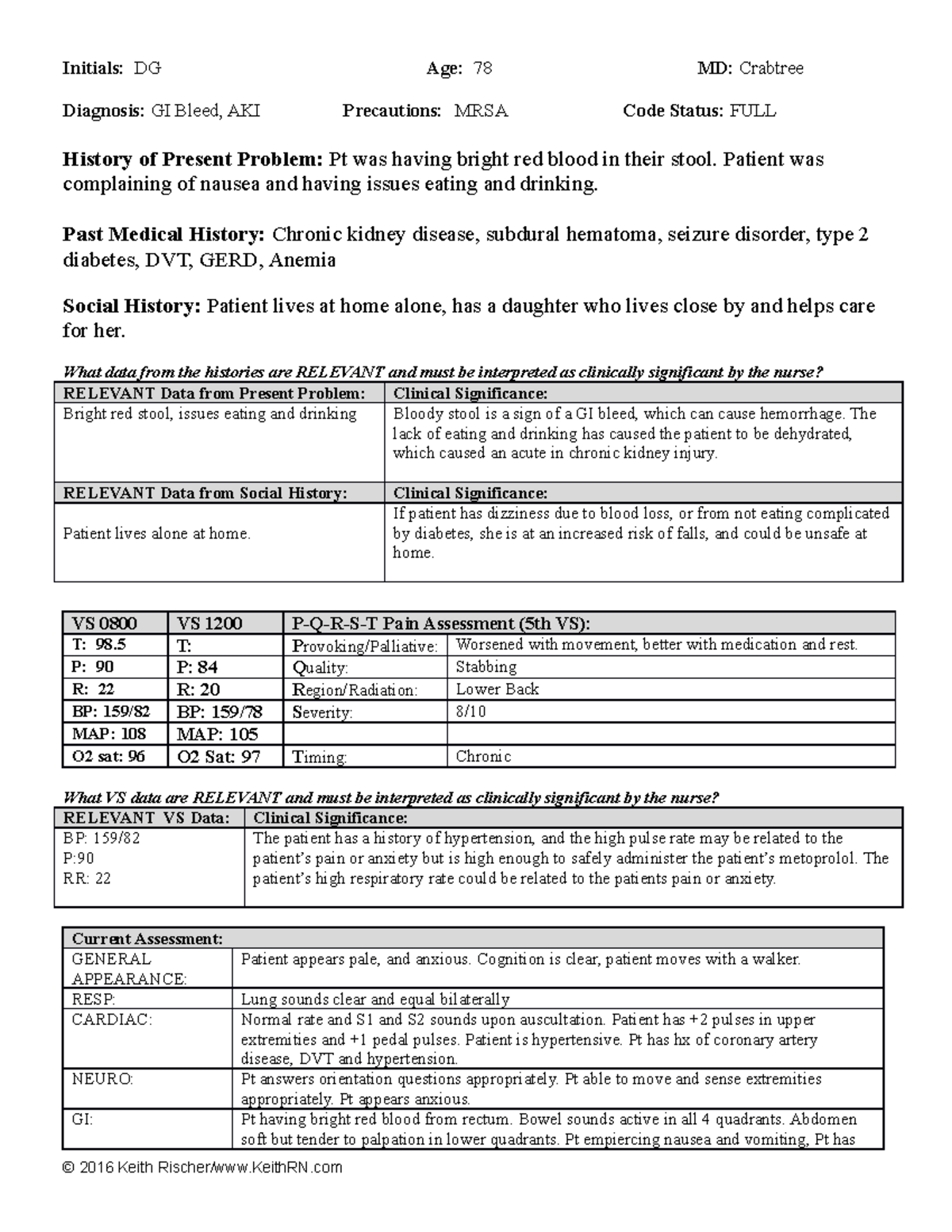 Week 1 prep Hospital Clinical Prep - Initials: DG Age: 78 MD: Crabtree ...