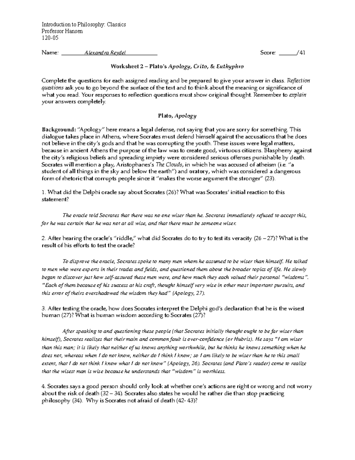 Worksheet 2 - Introduction to Philosophy: Classics Professor Hansen 120 ...