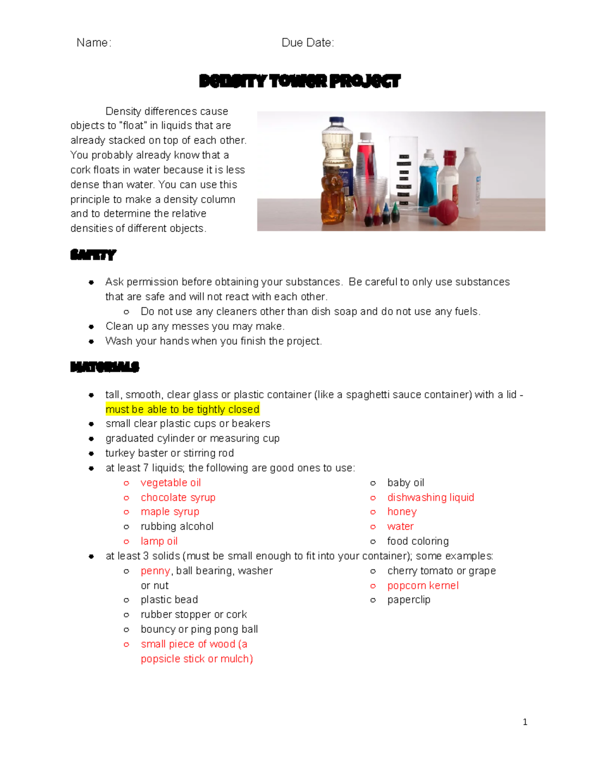 Density Tower Project v 2 - Name: Due Date: Density Tower Project Density differences cause ...