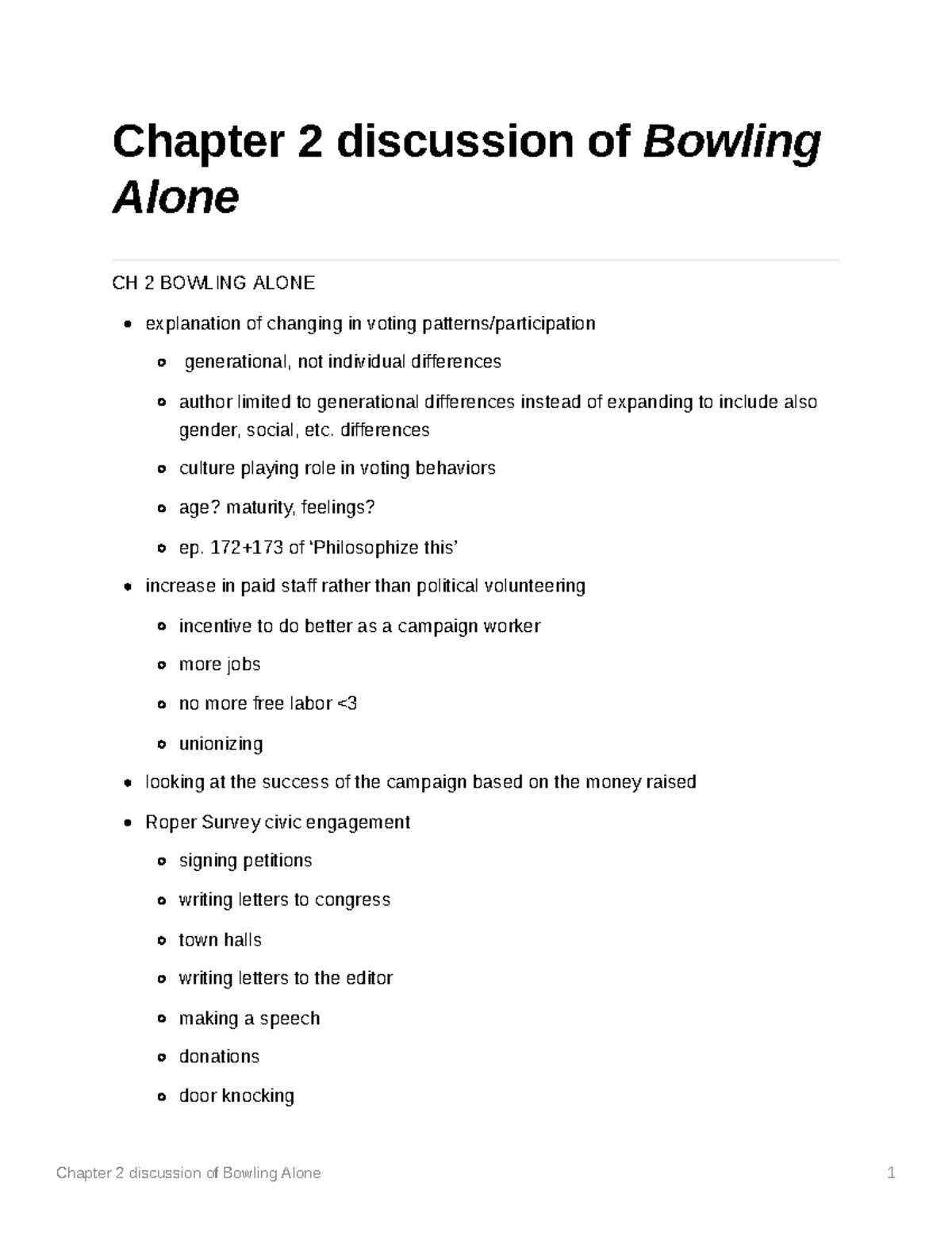 Chapter 2 discussion of Bowling Alone - differences culture playing ...