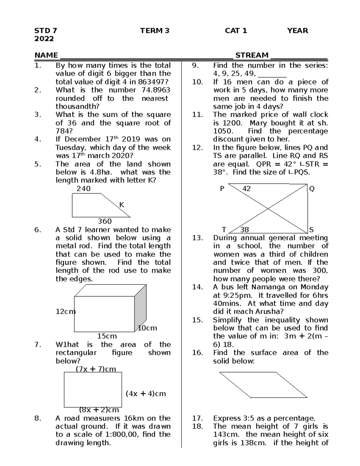 STD 7 Mathematics - Science - STD 7 TERM 3 CAT 1 YEAR 2022 NAME - Studocu