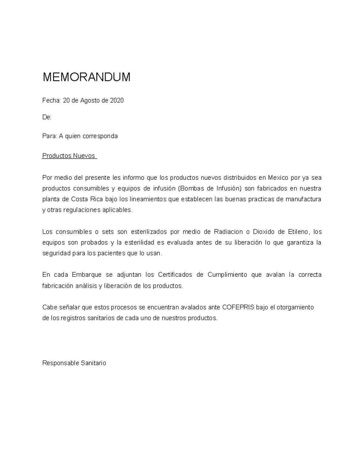 MEMO GMPS Generico - MEMORANDUM Fecha: 20 de Agosto de 2020 De: Para: A ...