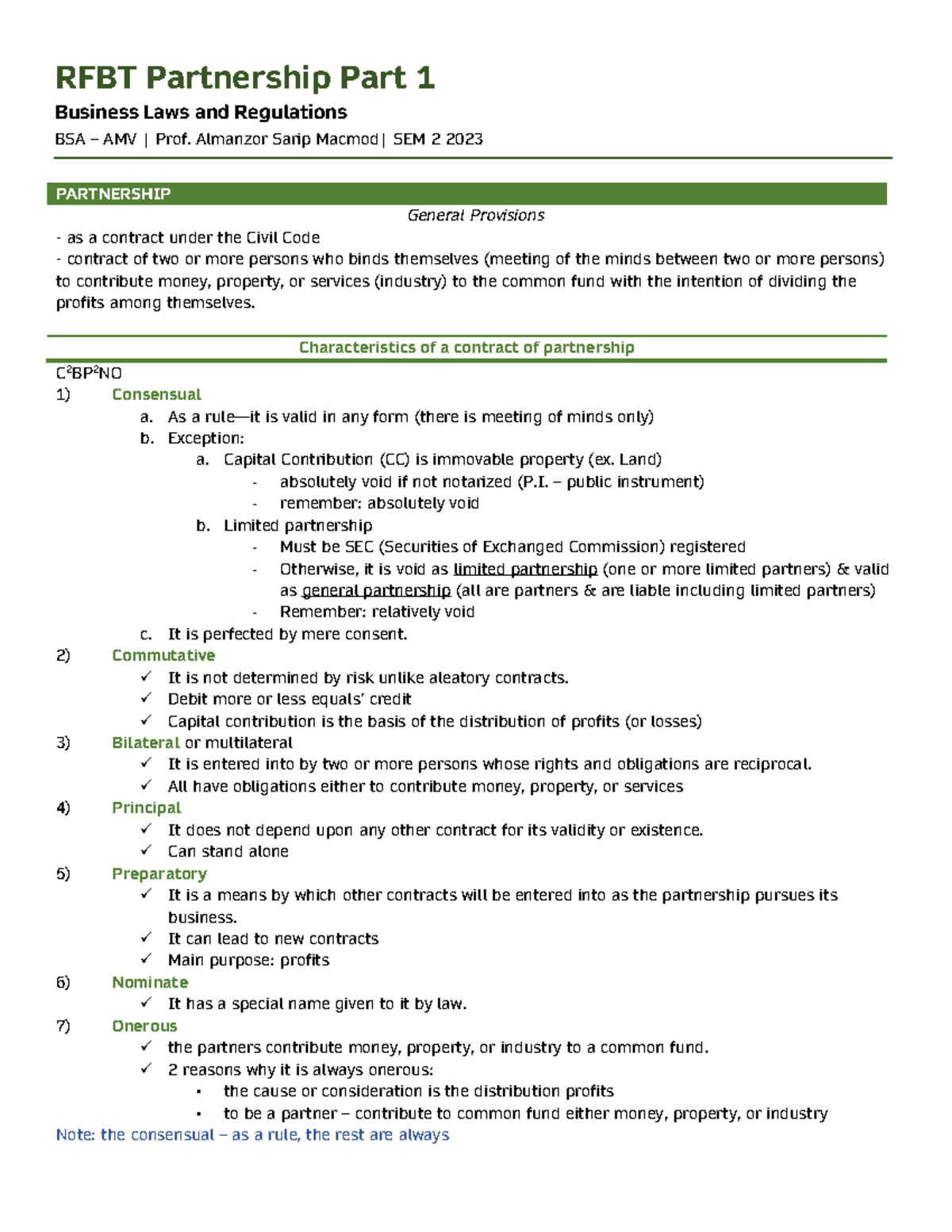 RFBT Partnership Part 1 - Almanzor Sarip Macmod| SEM 2 2023 PARTNERSHIP General Provisions - as ...