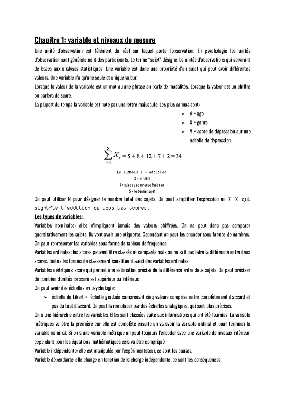 Synthese statistiques - Chapitre 1: variable et niveaux de mesure Une unité d'observation est ...