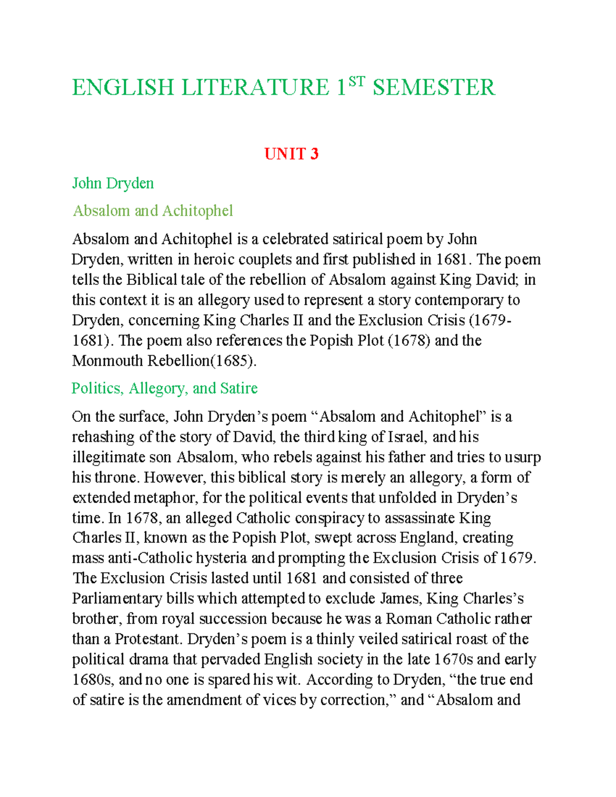 English Literature 1ST Semester UNIT 3 - ENGLISH LITERATURE 1ST ...