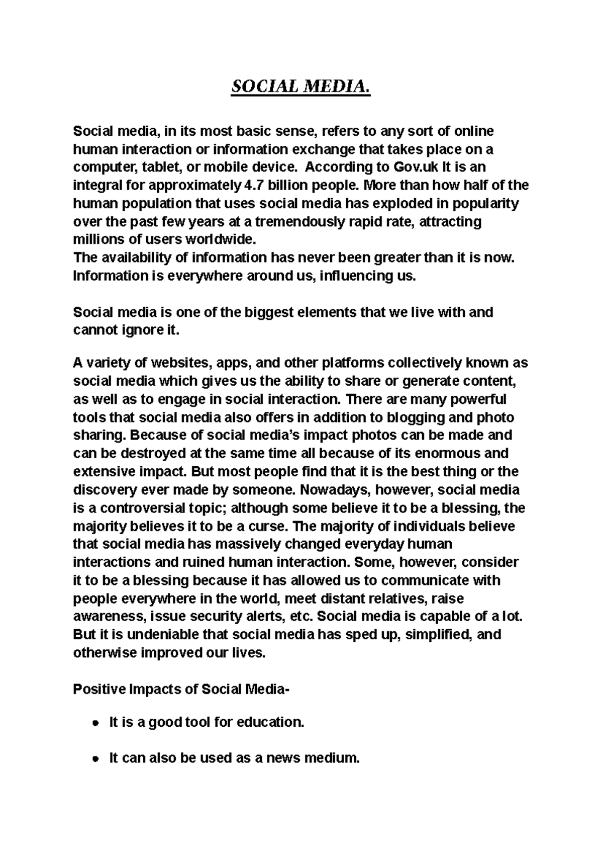 Speach - good speech very helpful. - SOCIAL MEDIA. Social media, in its ...