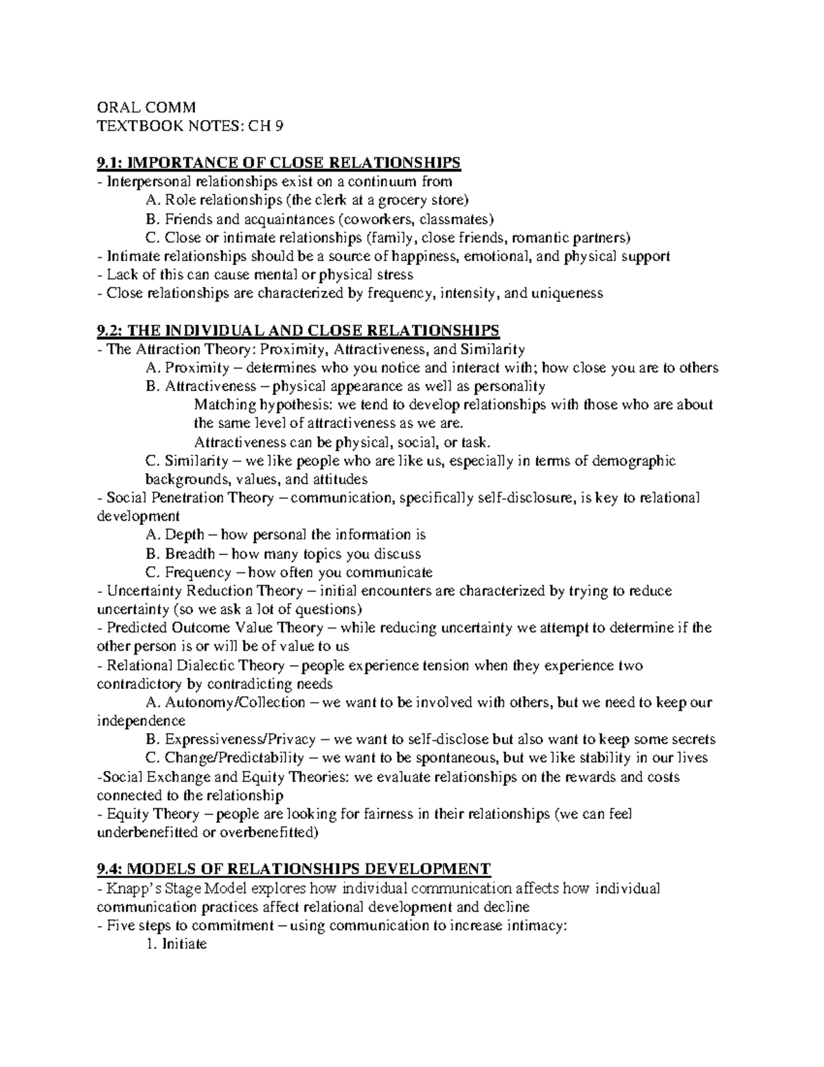 CH9 Notes - Importance of Relationship Communication - ORAL COMM ...