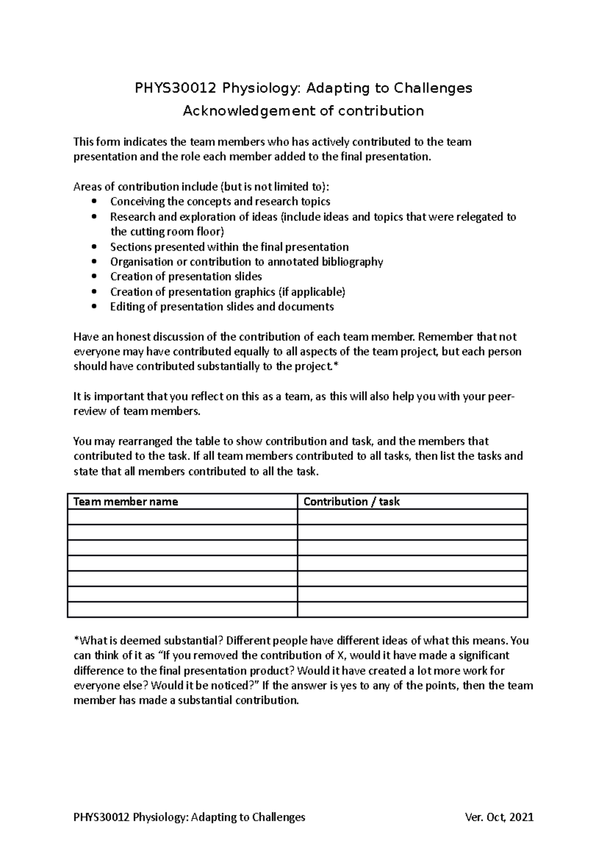 Team contribution - Document - PHYS30012 Physiology: Adapting to ...
