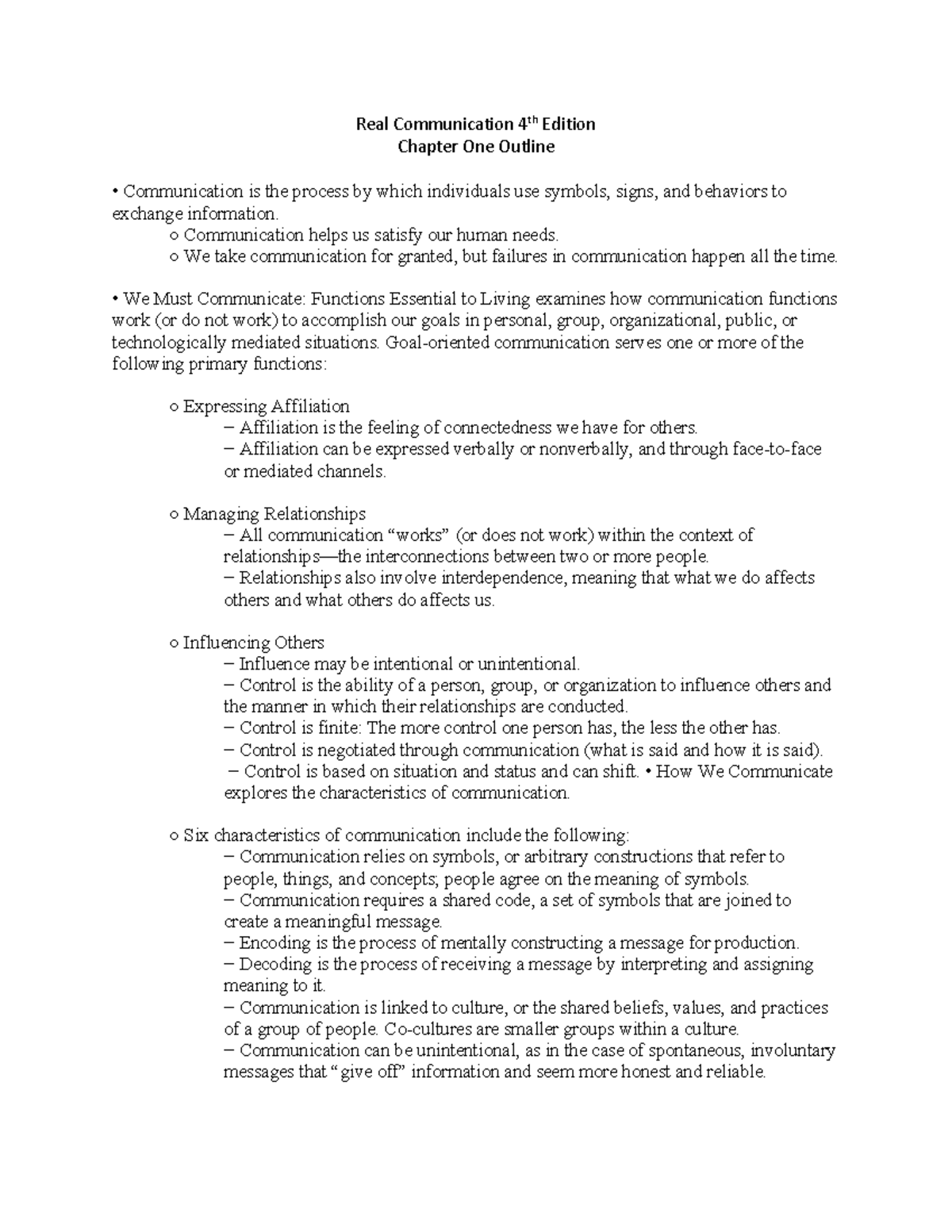 Chapter One Outline - Real Communication 4th Edition Chapter One ...