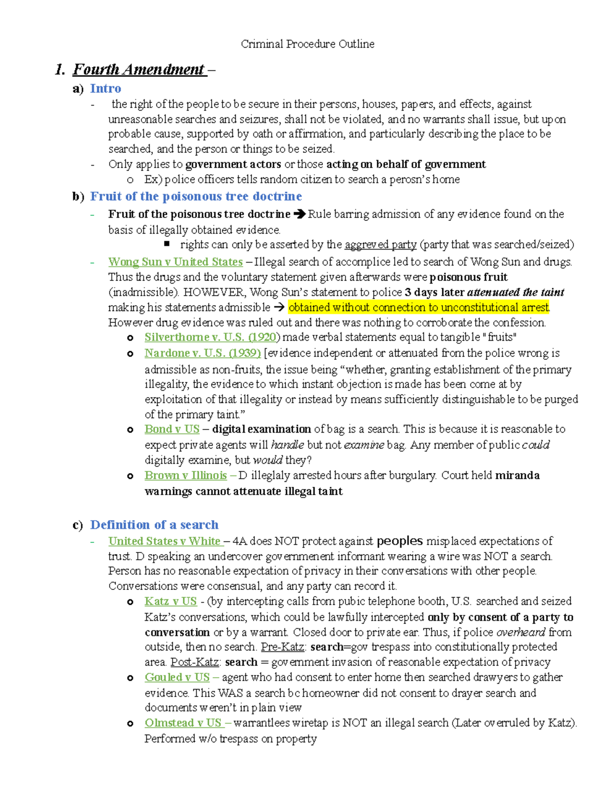 Ciminal Procedure Rule Outline - Criminal Procedure Outline 1. Fourth ...