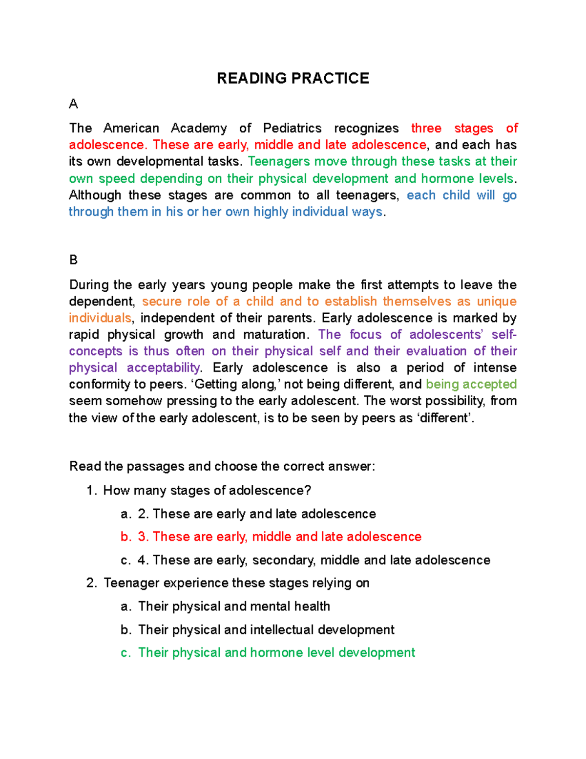 Reading Practice answer - READING PRACTICE A The American Academy of ...