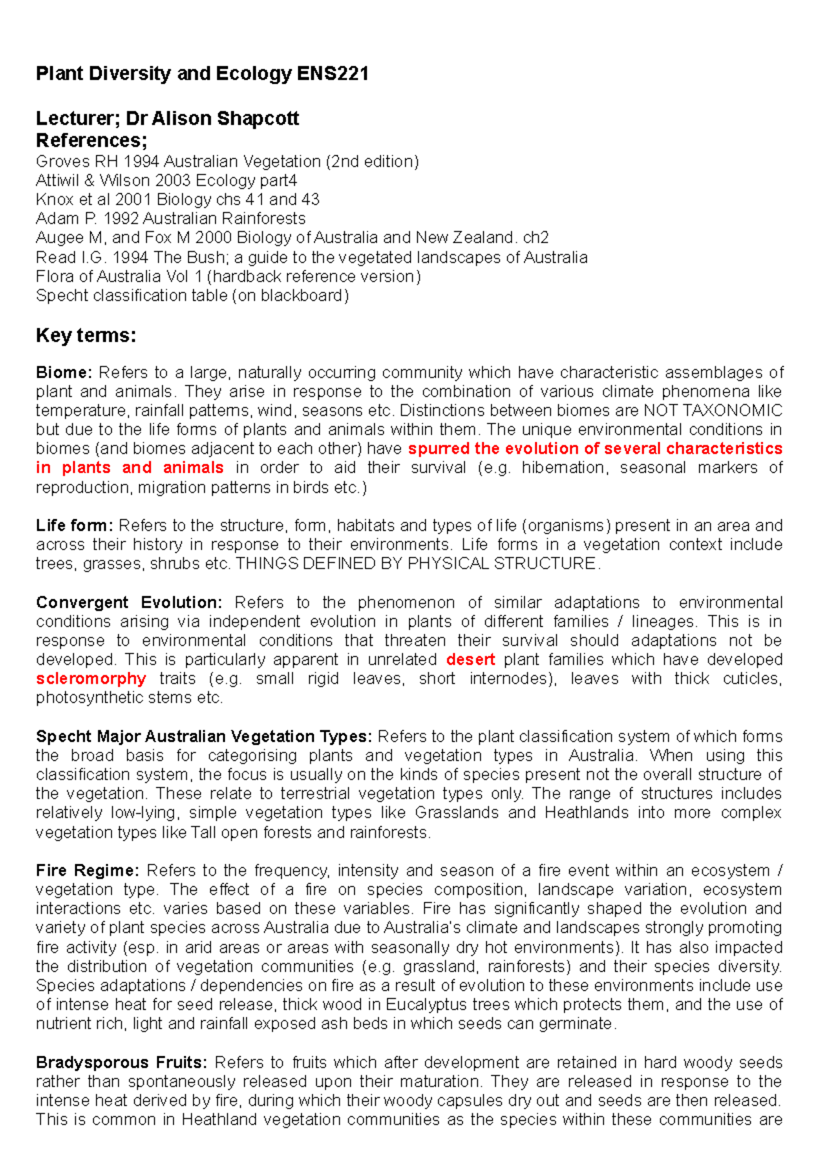 ENS221 Lecture Summary 3 - Plant Diversity and Ecology ENS Lecturer; Dr ...