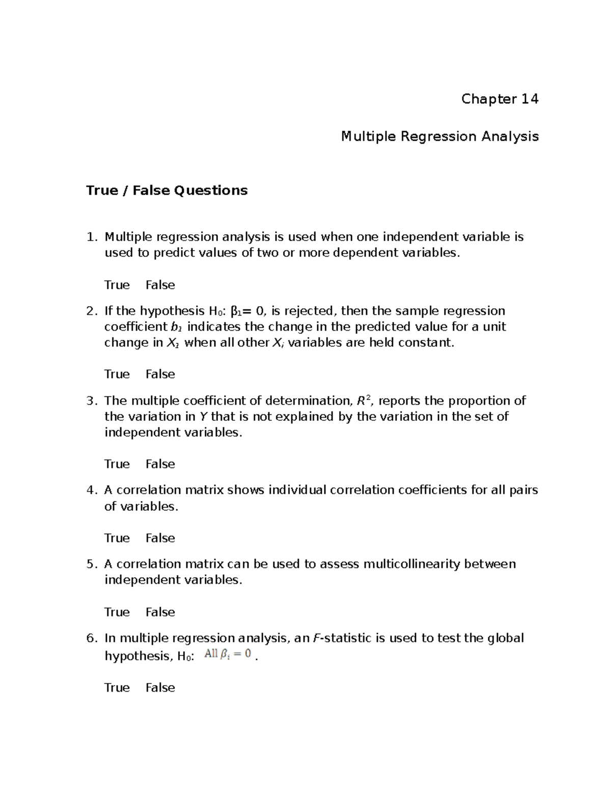 Chap014 - it is about cha1 to ch7 - Chapter 14 Multiple Regression Analysis True / False ...