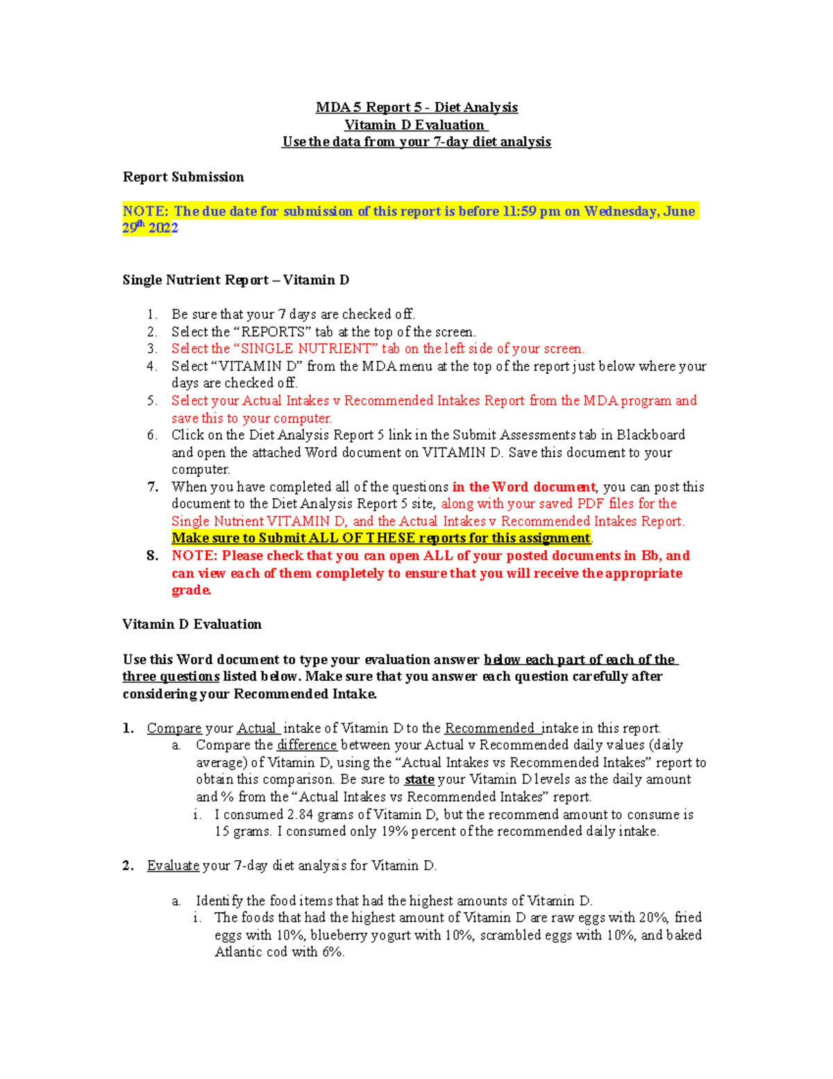 Diet Analysis Report 5 Vitamin D Evaluation - Diet Analysis ...