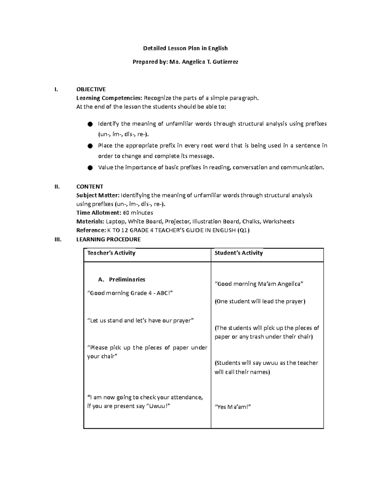 Detailed Lesson Plan in English Tarraya, Ma. Angelica S - Detailed ...