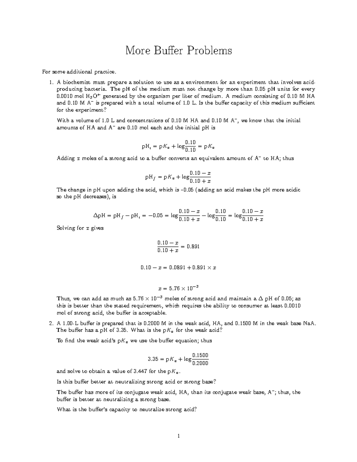 Buffer Problems 1 - Chem 2120 - More Buffer Problems For some additional practice. A biochemist ...