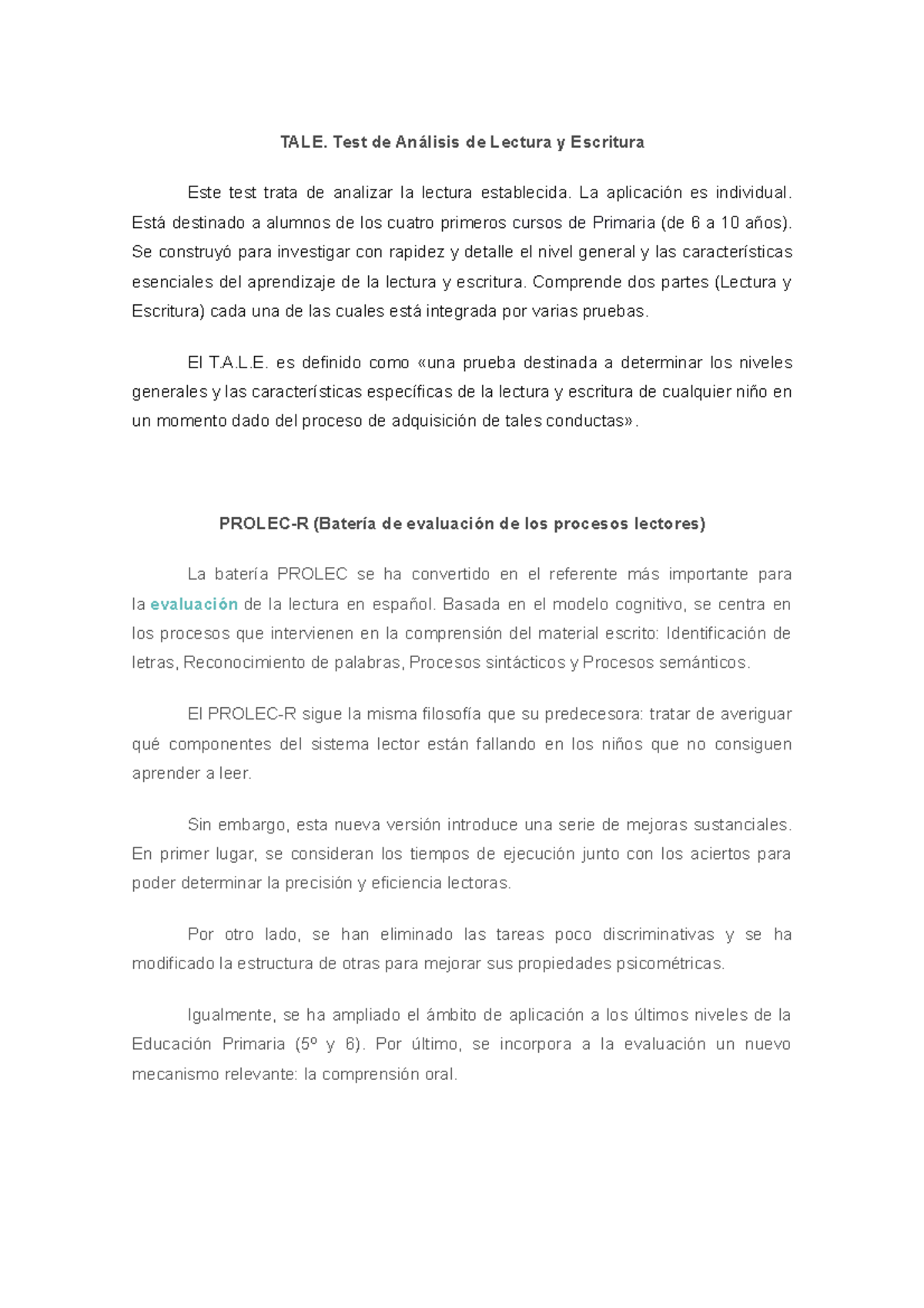Pruebas de lectura - Evaluación - TALE. Test de Análisis de Lectura y ...