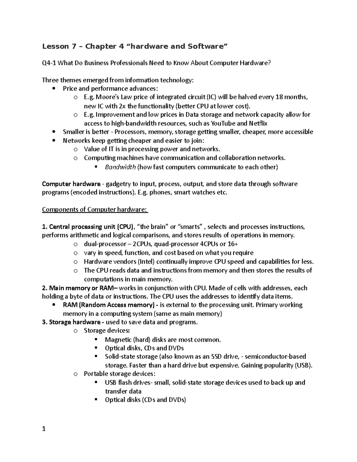 Lesson 7 - Chapt 4 - Lesson 7 – Chapter 4 “hardware and Software” Q4-1 ...