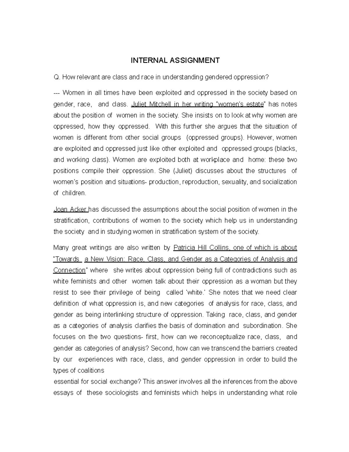 Assig 2023 - notes - INTERNAL ASSIGNMENT Q. How relevant are class and ...