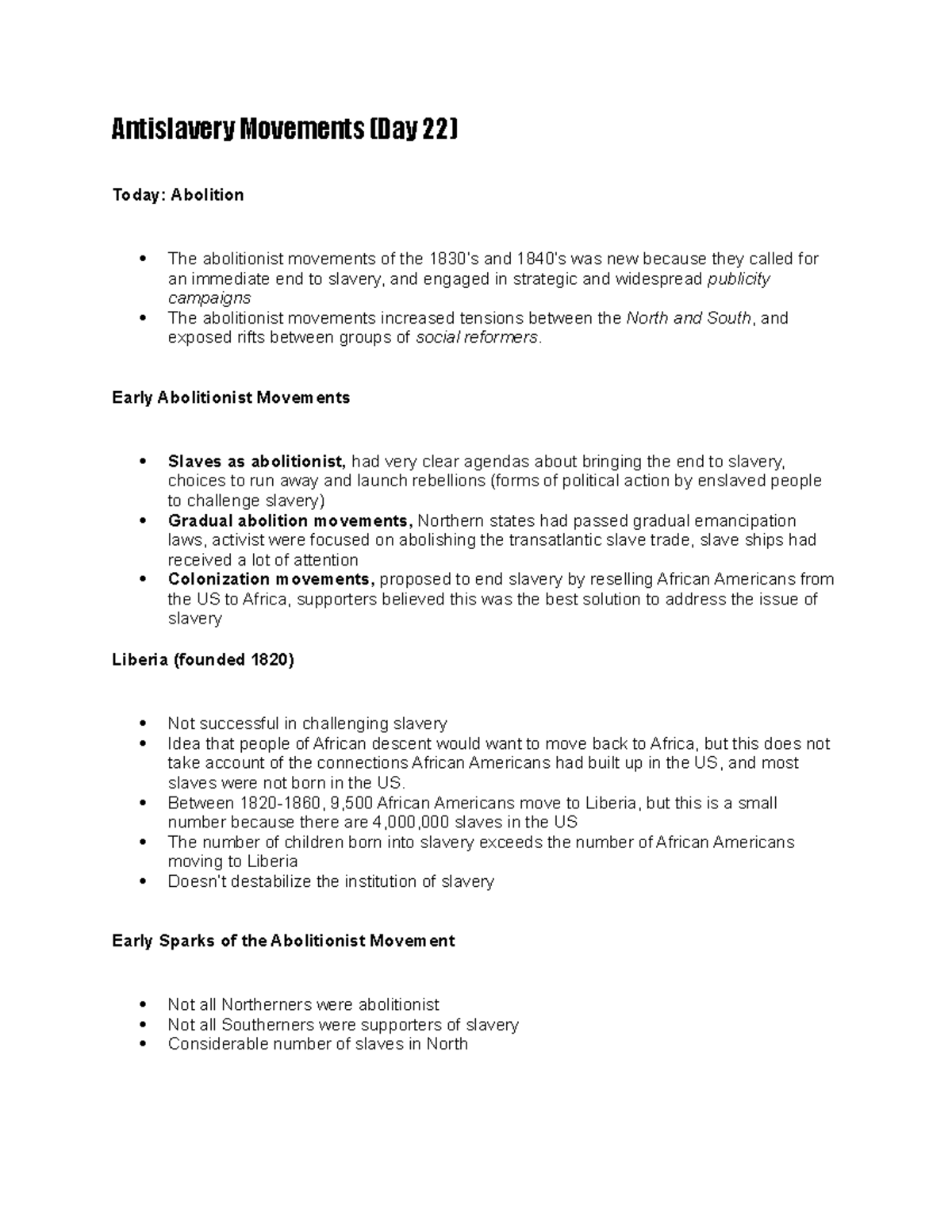 History Lecture (Day22) - Antislavery Movements (Day 22) Today ...