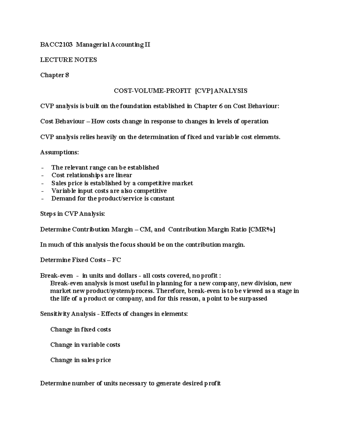 Chapter 8 - Prof's note - BACC2103 Managerial Accounting II LECTURE ...