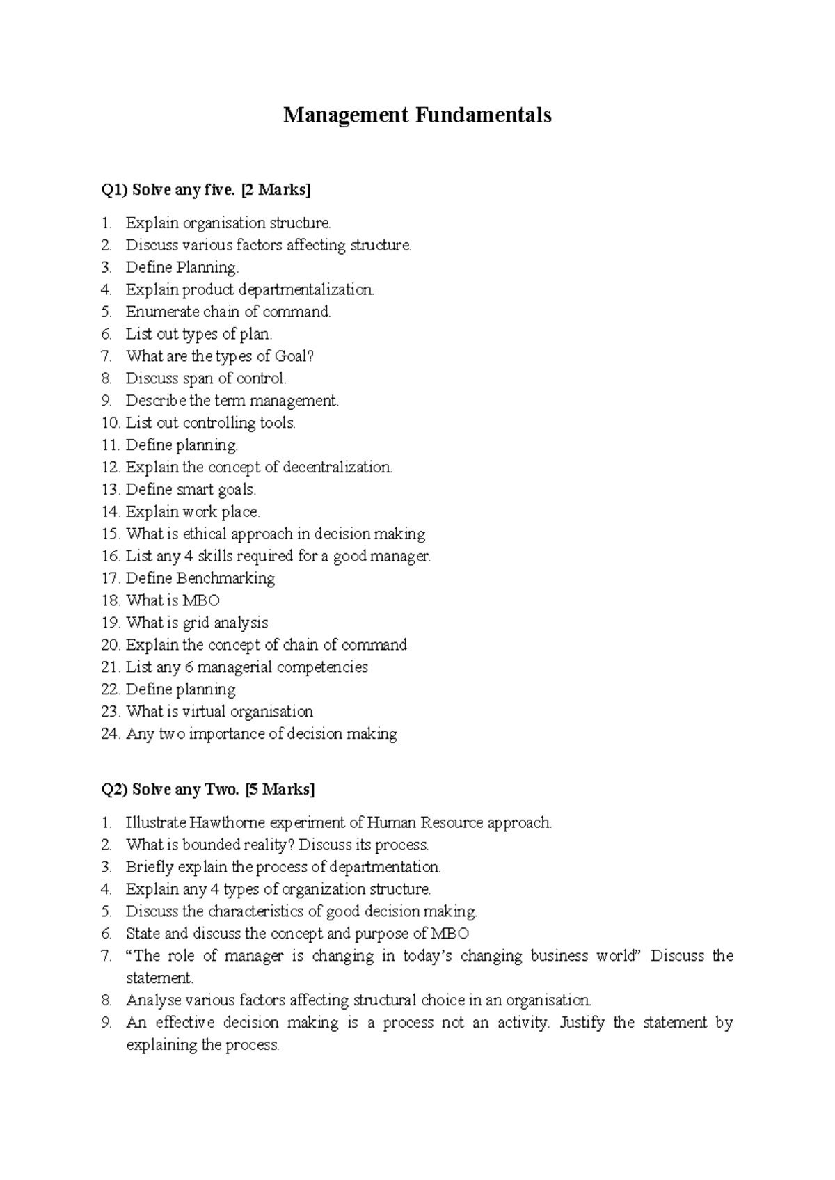 Management Fundamentals - [2 Marks] 1. Explain organisation structure ...