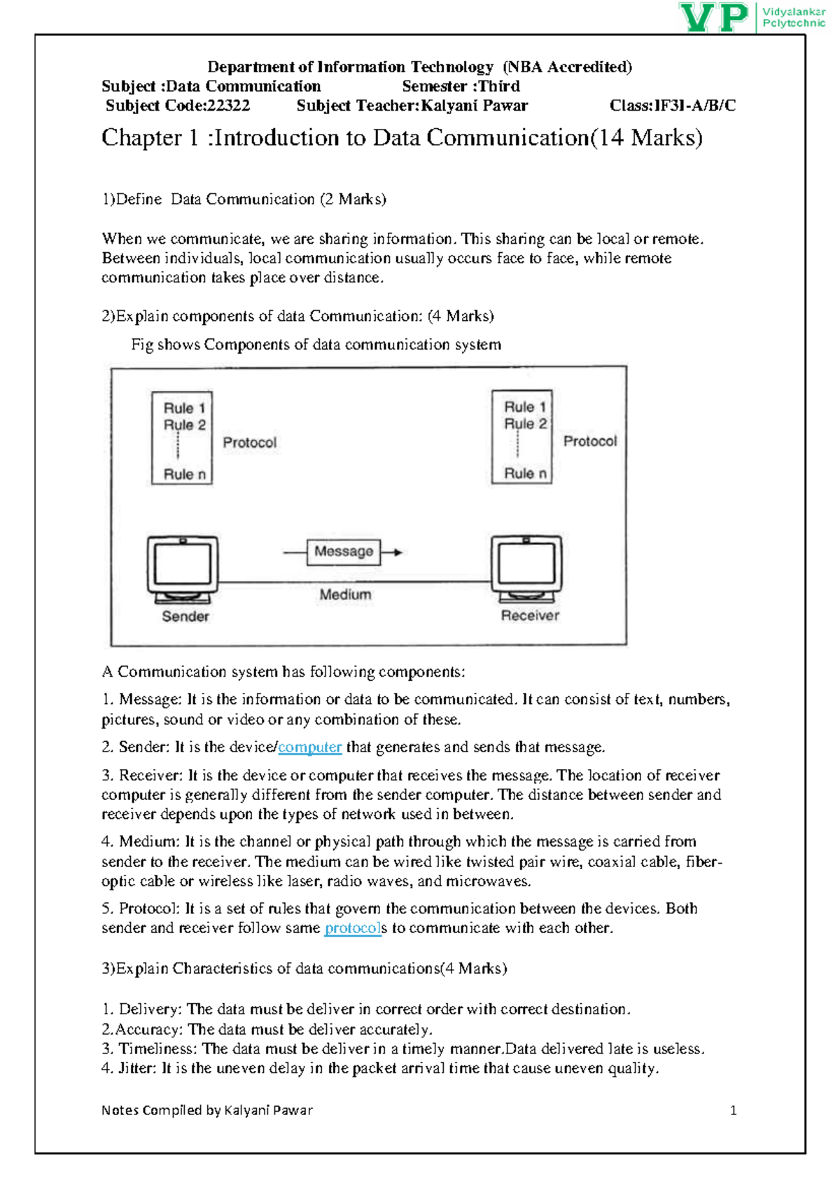 1 Introduction To Data Communication Notes 1 Subject Data