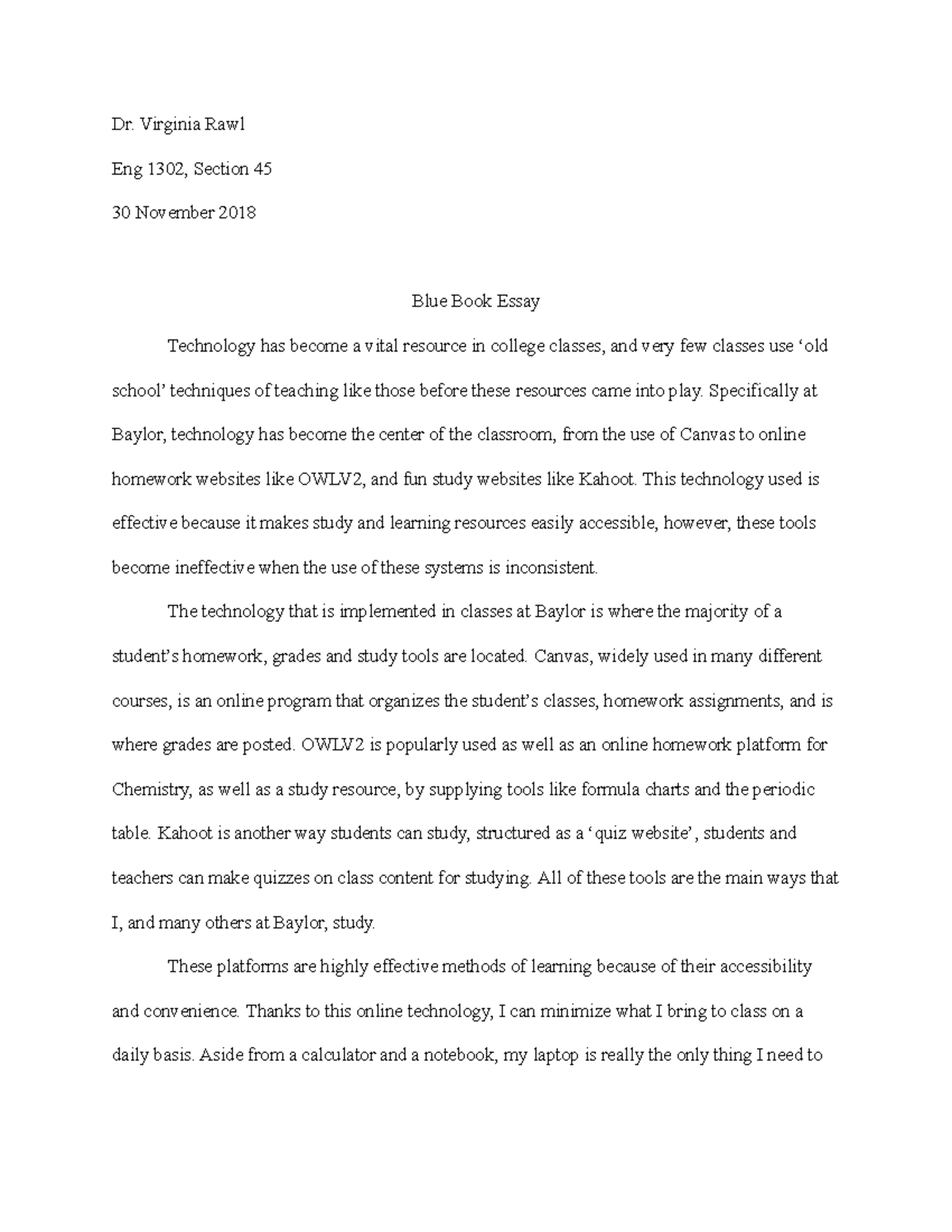 Blue Book Essay - Grade: A+ - Dr. Virginia Rawl Eng 1302, Section 45 30 ...