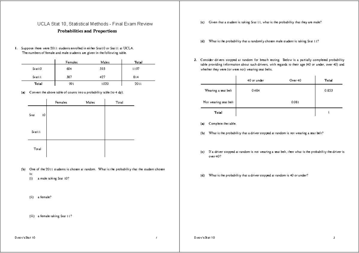 Stat10Final Exam Review - Dino v's Sta t 10 1 UCLA Stat 10, Statistical ...