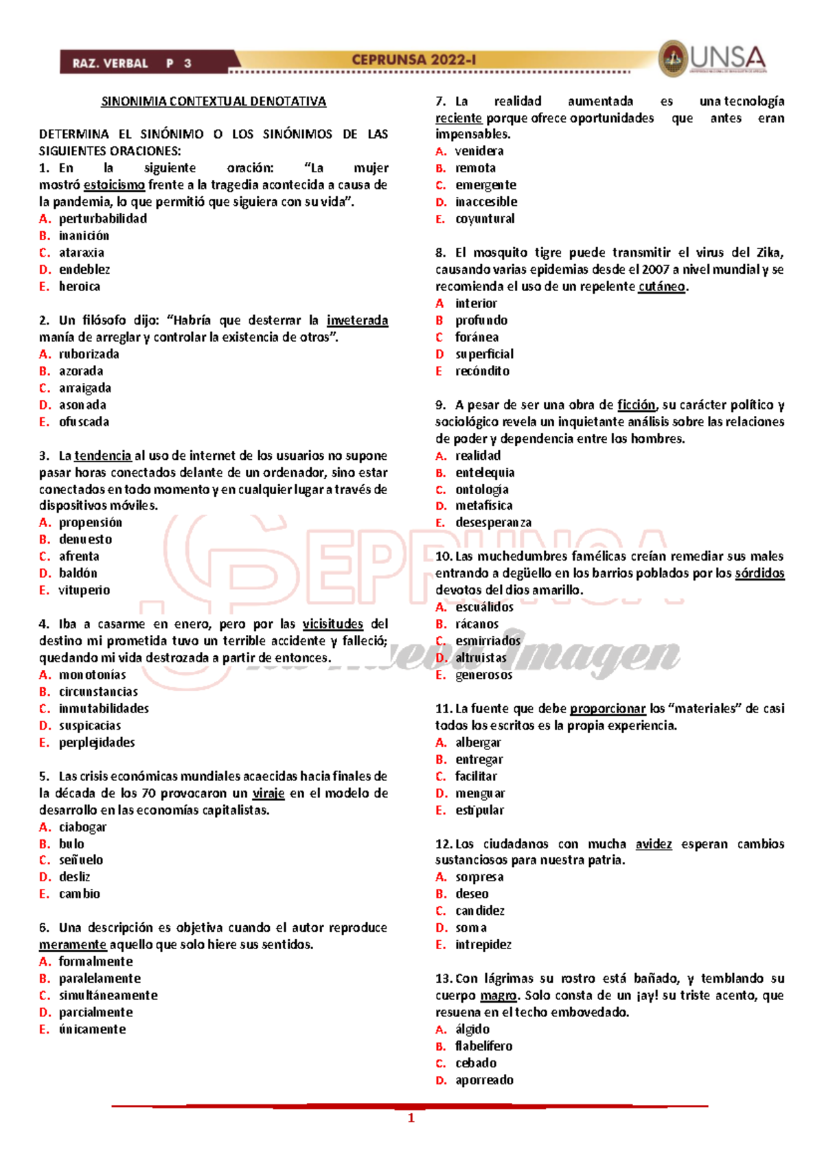 Practica Raz. Verbal - Semana 3 Cepreunsa Ifase - SINONIMIA CONTEXTUAL ...
