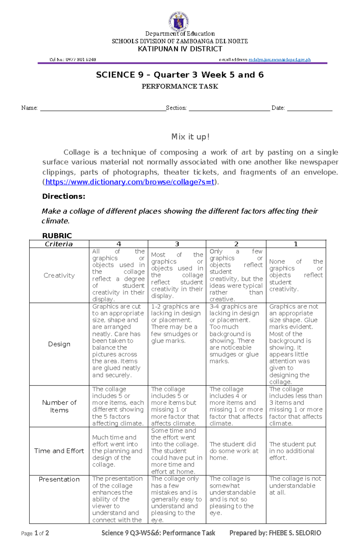 Sci9Q3 Performance Task W5&6 - Department of Education SCHOOLS DIVISION ...