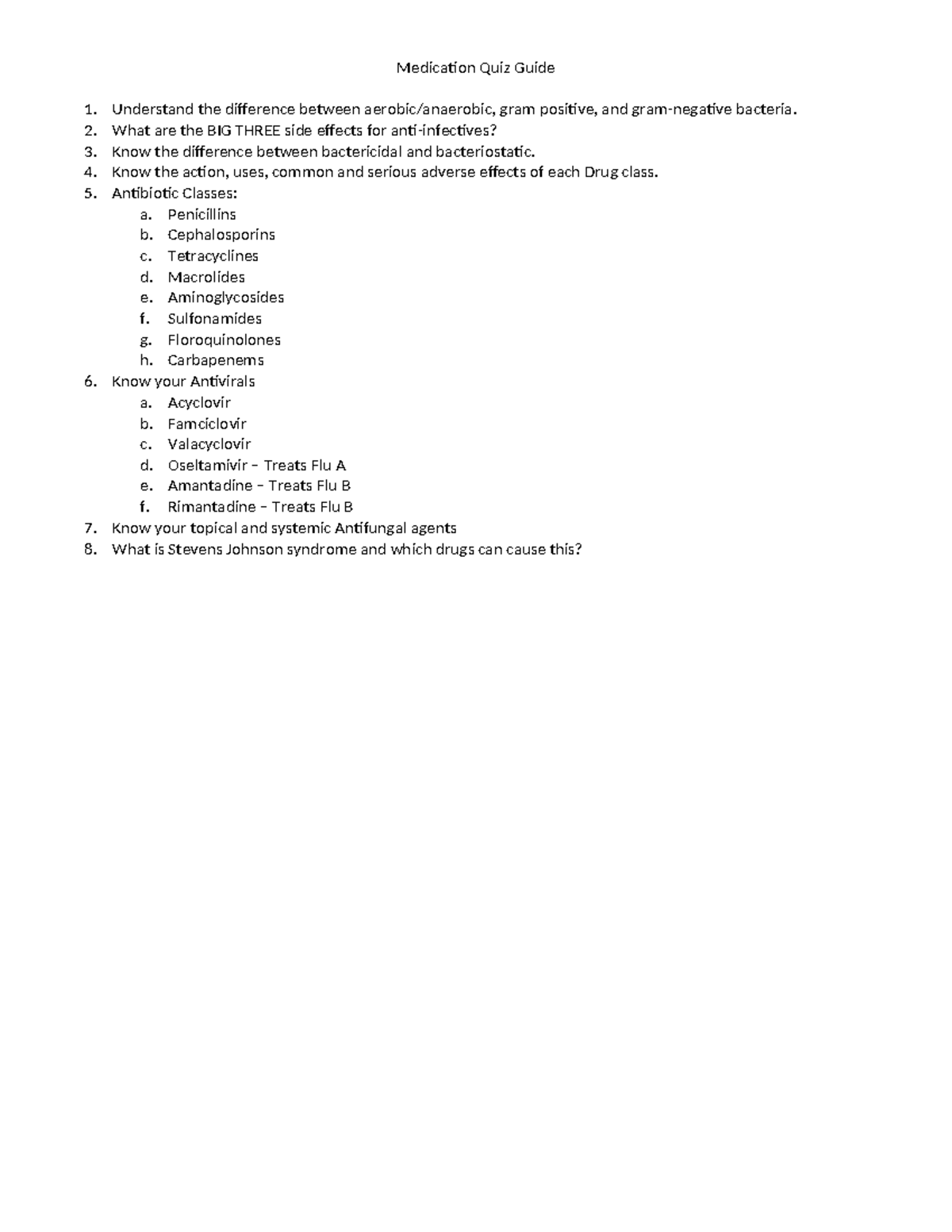 Exam 1 Anti-Infective Quiz Guide - Medication Quiz Guide Understand the ...