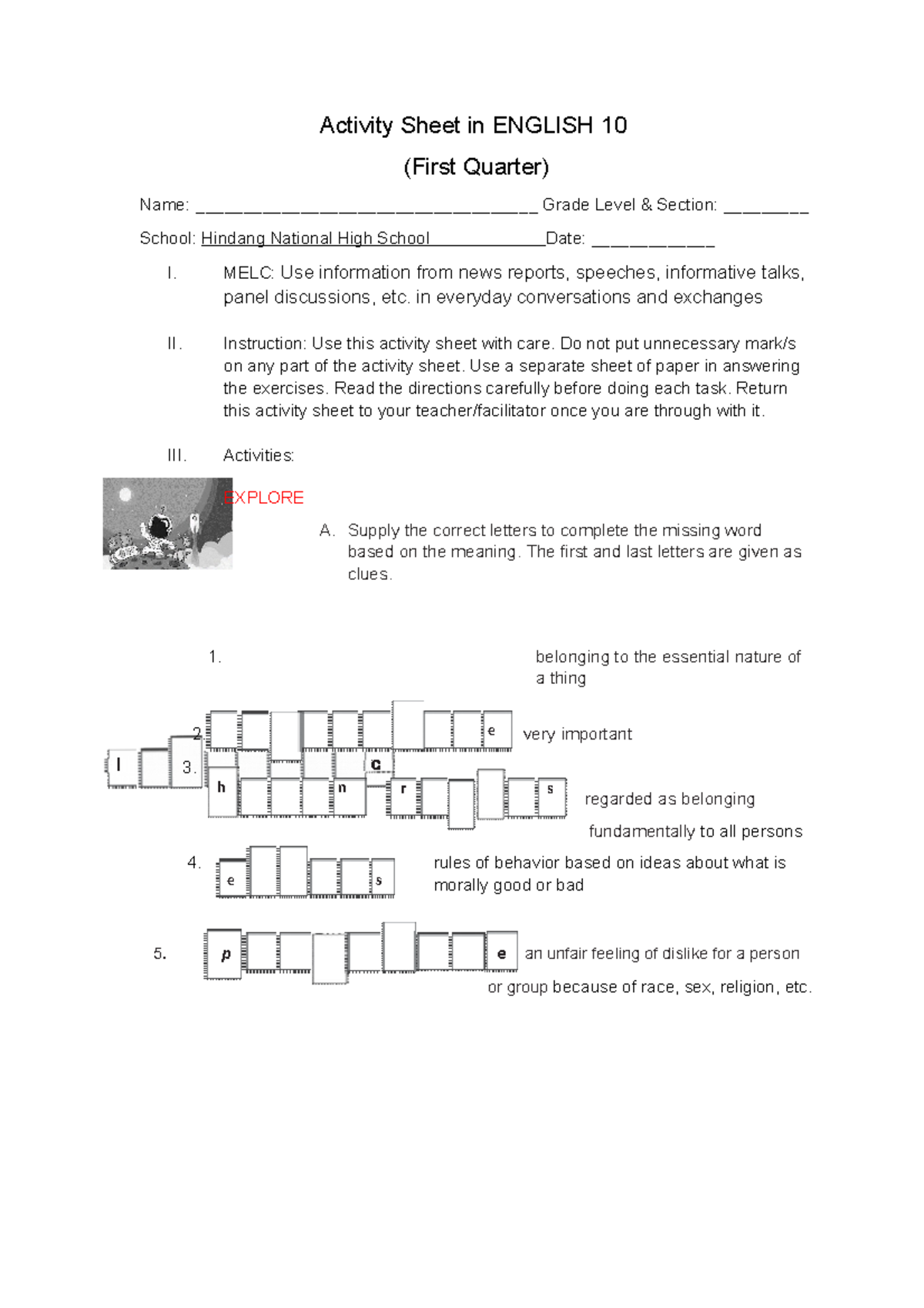 Activity Sheet in English 10 - e h n r s e s Activity Sheet in ENGLISH ...