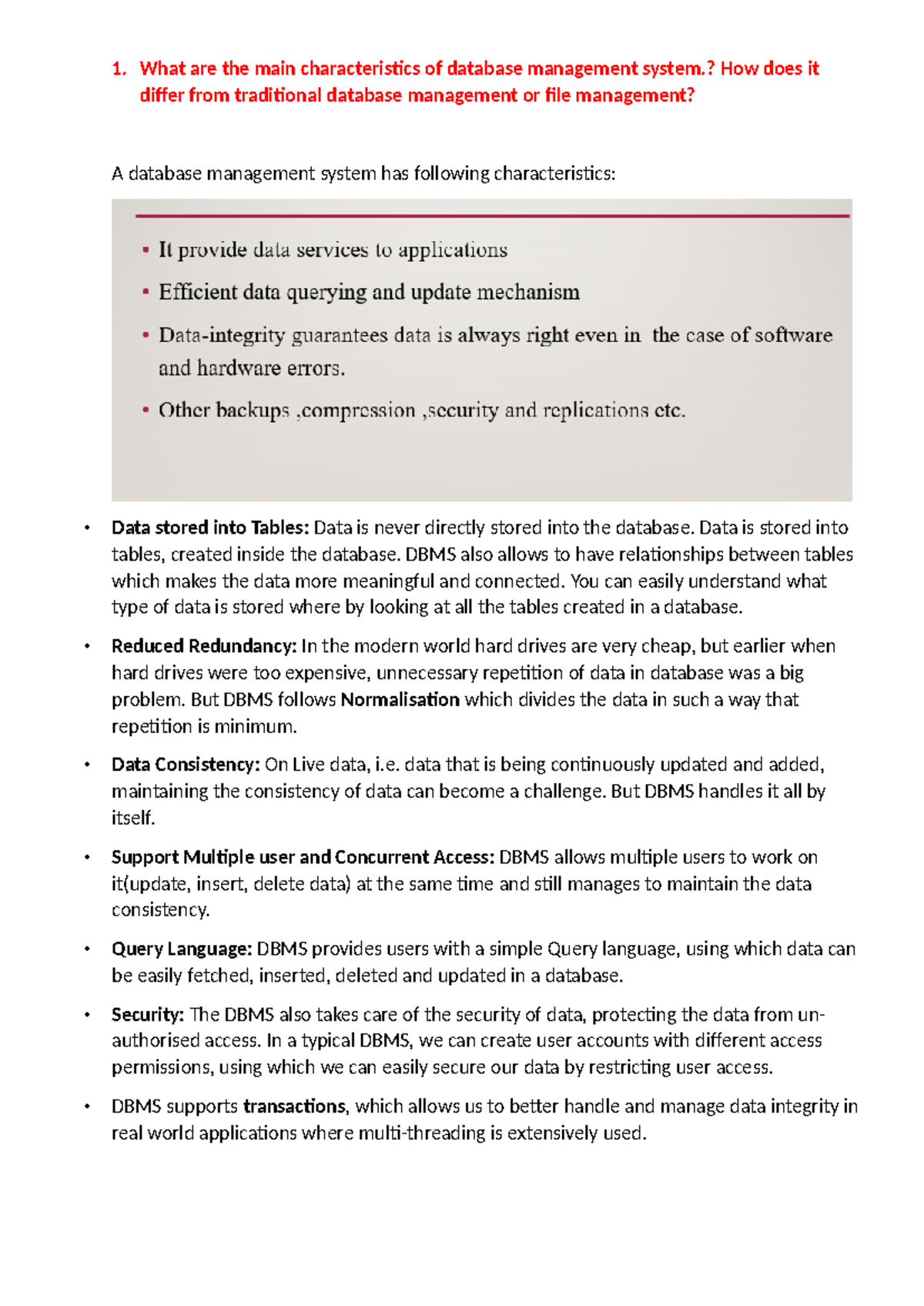 solved mid term pyqs - What are the main characteristics of database management system.? How ...