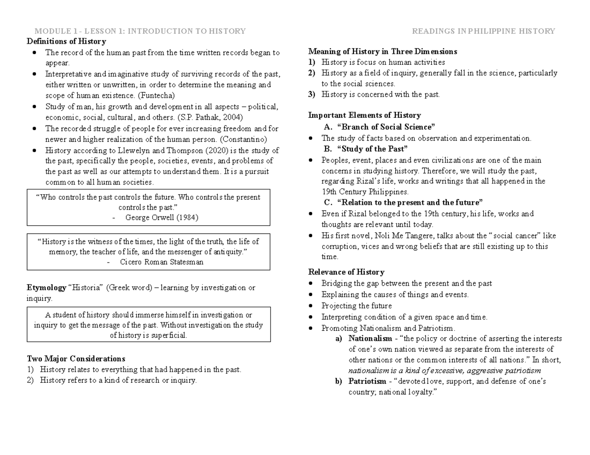 RPH M1-M2 - Summary Readings in Philippine History - MODULE 1 - LESSON ...