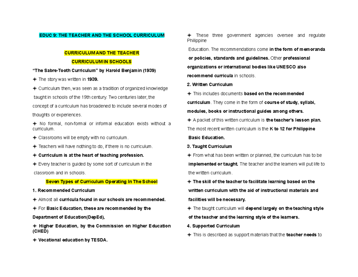 EDUC 9-notes Part 1 - Notes - EDUC 9: THE TEACHER AND THE SCHOOL ...