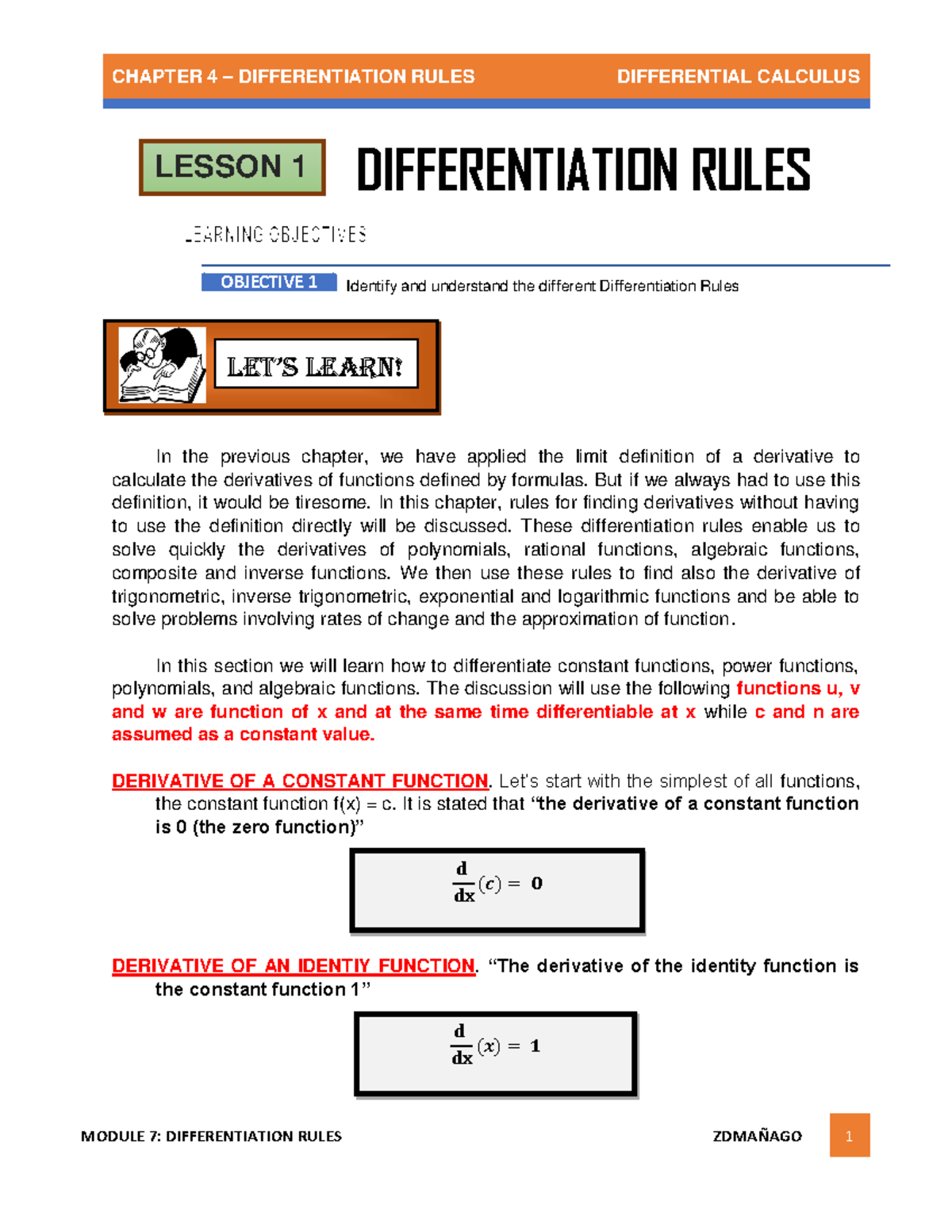 Module 7 -Rules for Differentiation - CHAPTER 4 – DIFFERENTIATION RULES ...