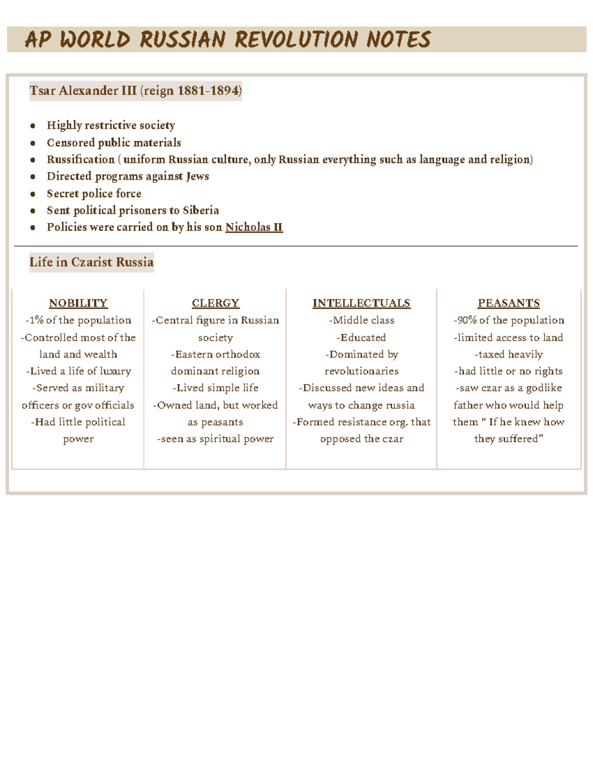 UNIT 6 Russian Revolution - AP WORLD RUSSIAN REVOLUTION NOTES Tsar ...