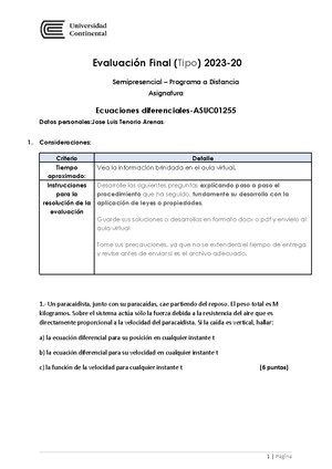 Ev final ecuacion diferencial - Evaluación Final (Tipo) 2024 - 10 Semipresencial – Programa a ...