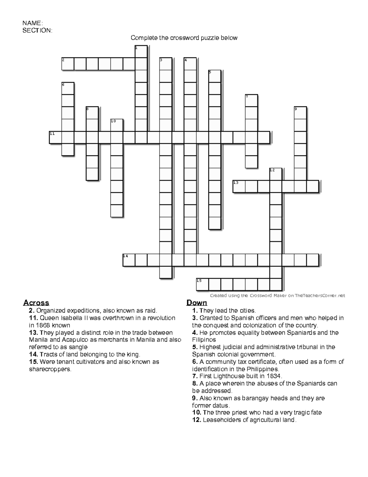 Crossword - Complete the crossword puzzle below NAME: SECTION: 1 2 3 4 ...