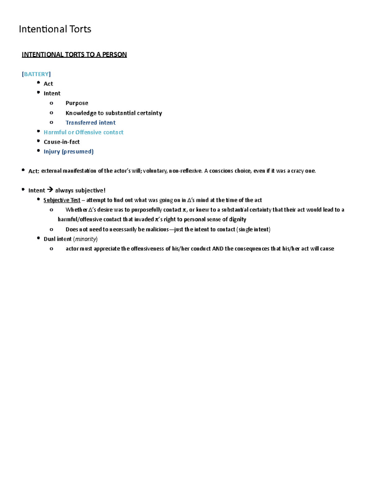 Torts - Lens Intentional Torts - Intentional Torts INTENTIONAL TORTS TO ...