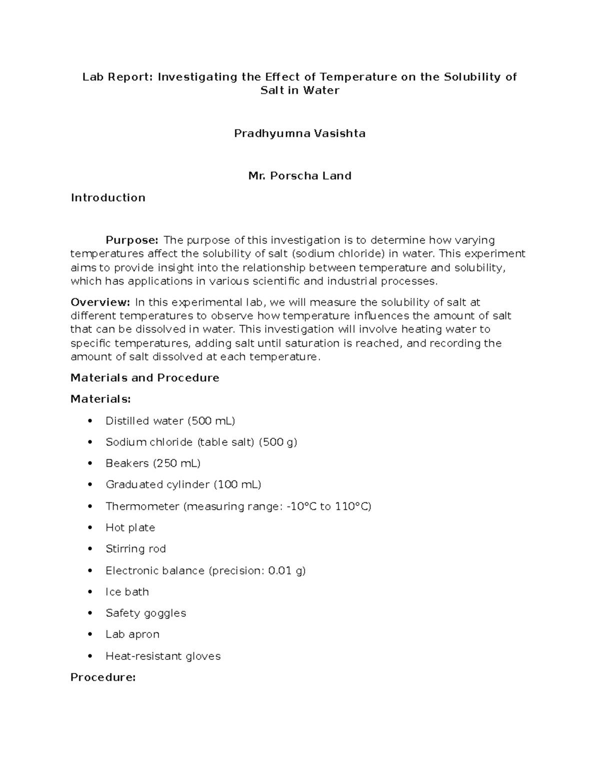 Lab Report Investigating the Effect of Temperature on the Solubility of ...