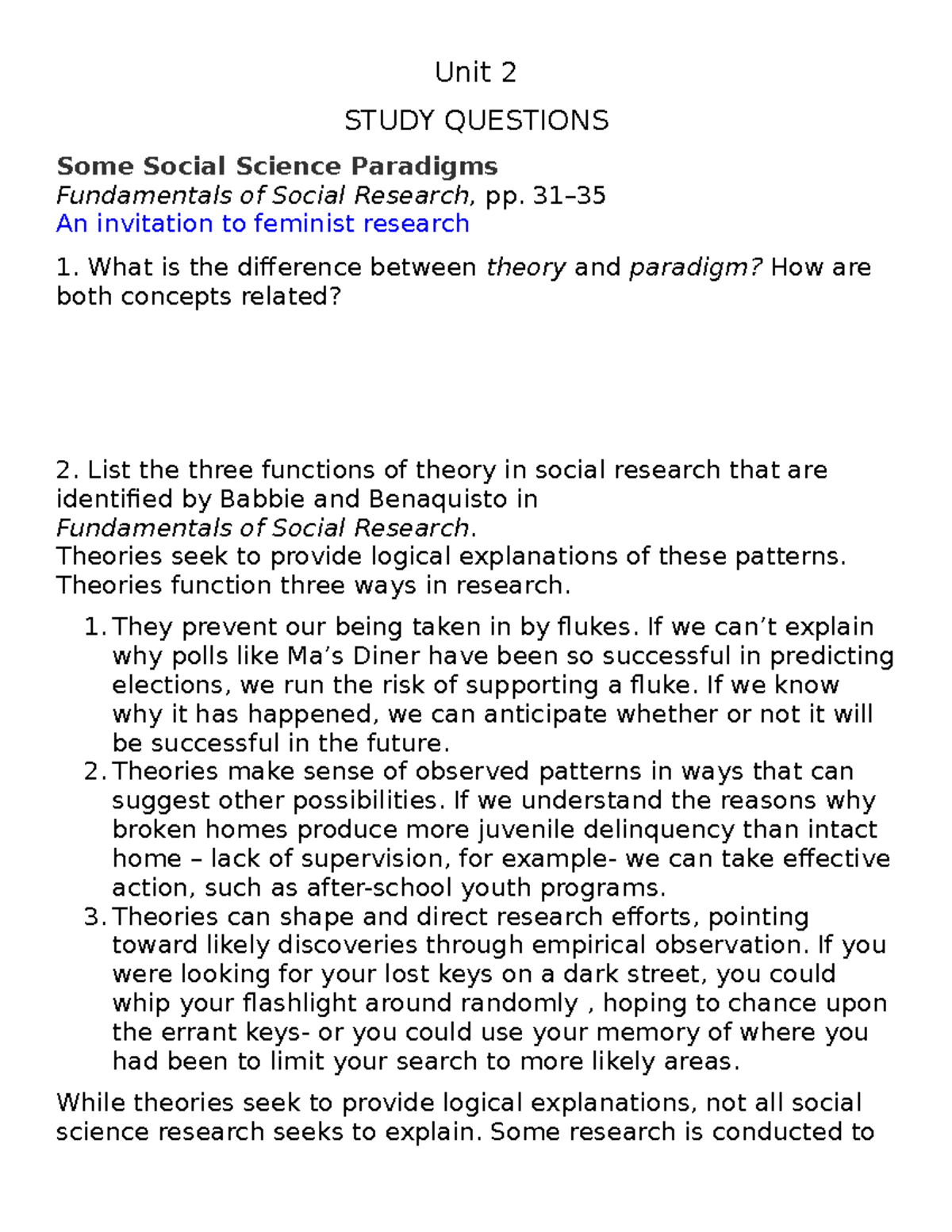 Unit 2 study questions - Unit 2 STUDY QUESTIONS Some Social Science ...