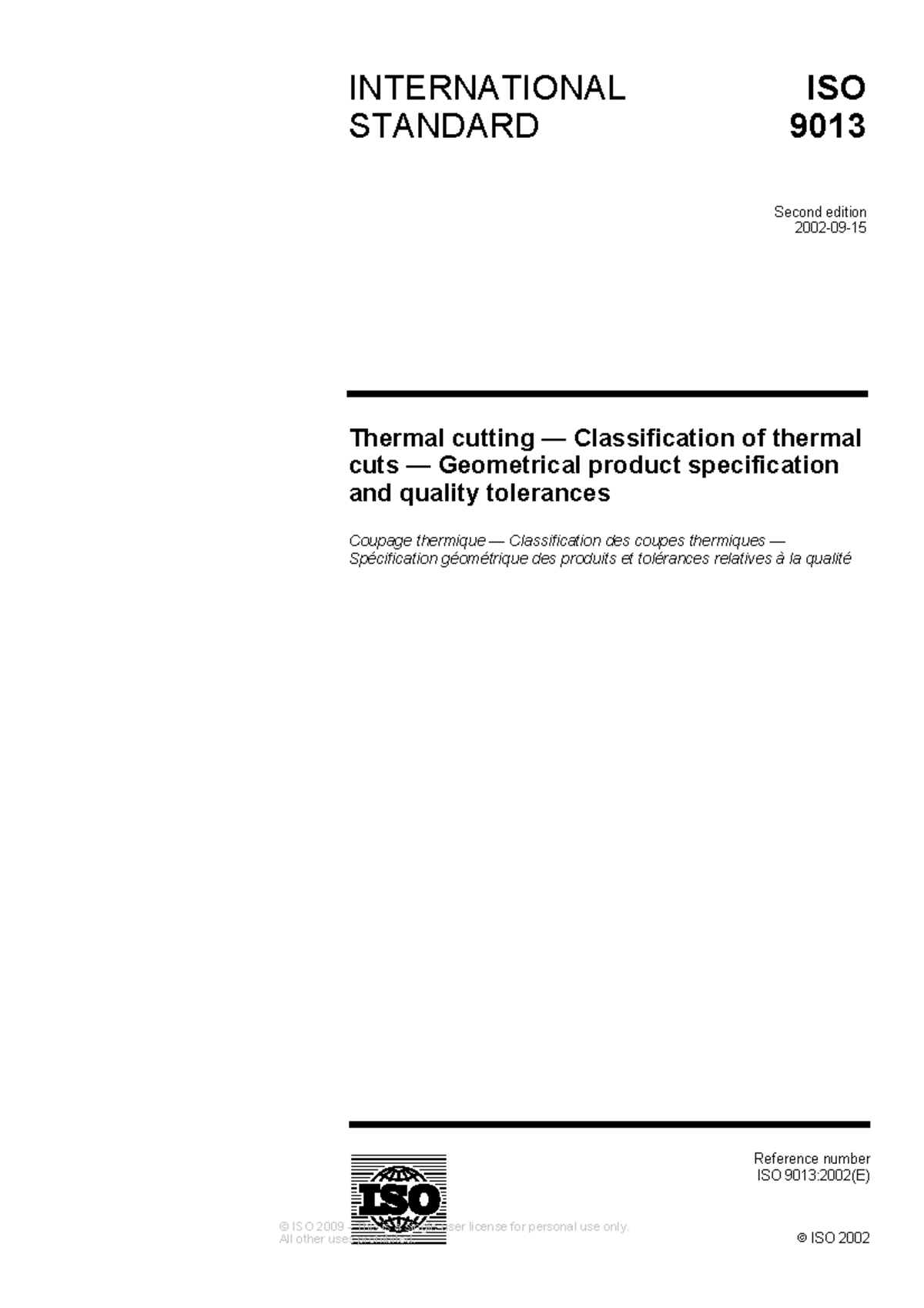 9013 - ISO - 2002-E - Quality Levels for Cutting - Reference number ISO ...
