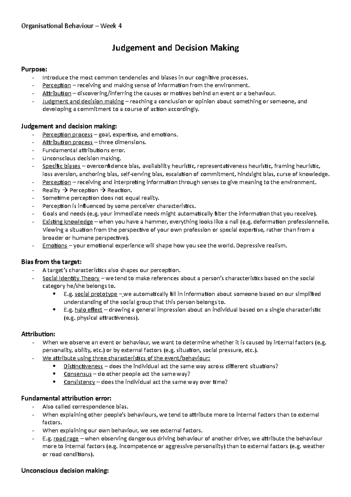 Judgement and Decision Making notes - Organisational Behaviour – Week 4 ...