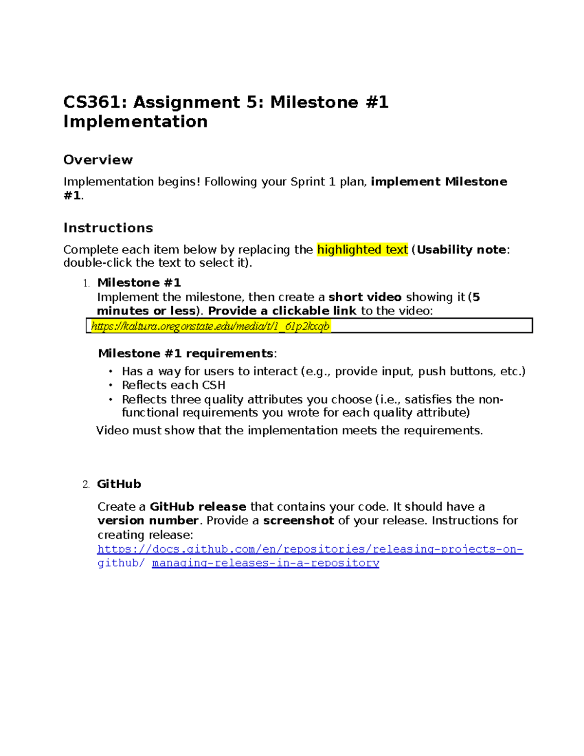 Assignment 5 - not applicable - CS361: Assignment 5: Milestone ...