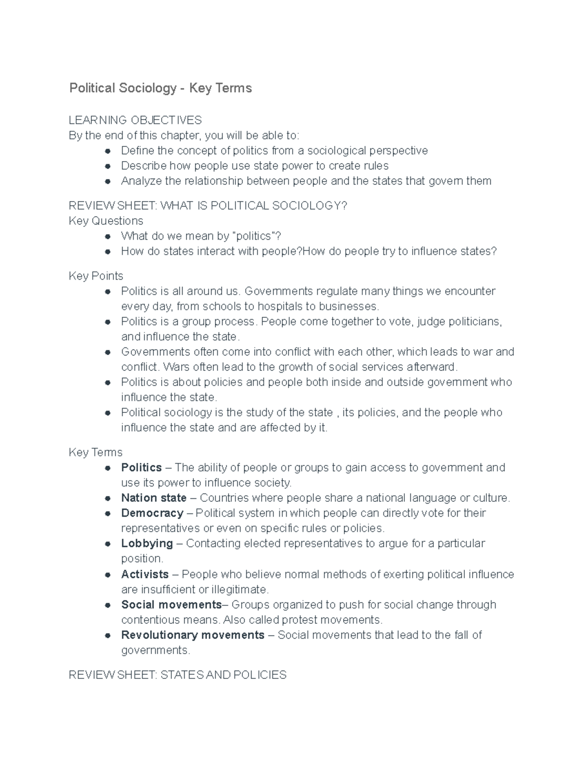 Political Sociology - Key Terms - Political Sociology - Key Terms ...