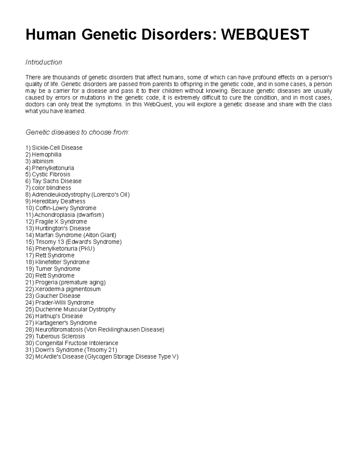 Chloe' Mc Cullough - Genetic Disorders Web Quest - Human Genetic ...
