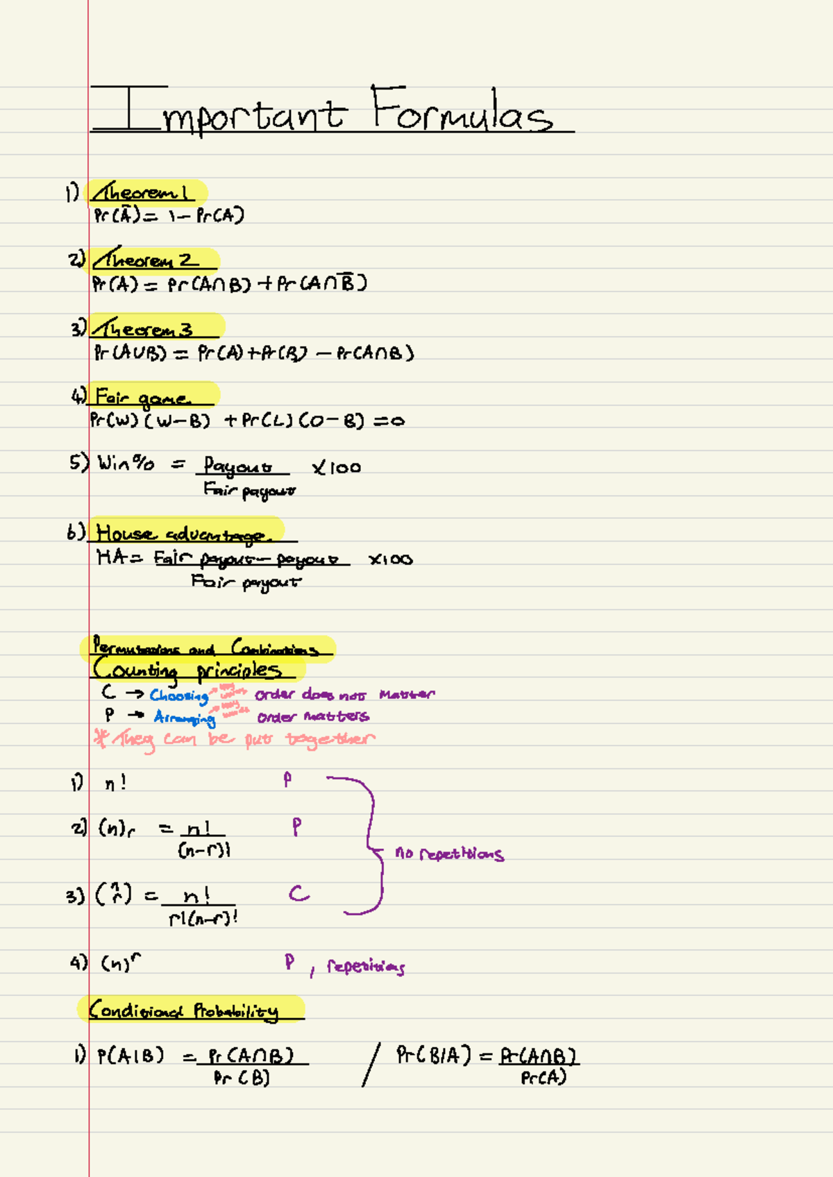 Important Formulas - Good - important Formulas Theorem I pr( A) = I ...